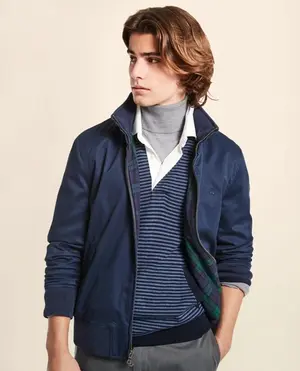 Brooks Brothers Cotton Bomber Jacket With Concealed Hood And Tartan Lining - Navy