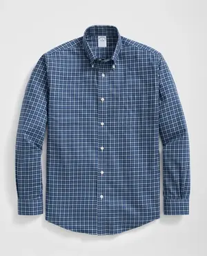 Brooks Brothers Stretch Supima Cotton Non-iron Oxford Polo Button Down Collar Windowpane Shirt - Dark Blue