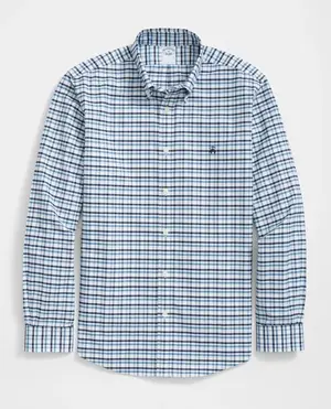 Brooks Brothers Stretch Cotton Non-iron Oxford Polo Button Down Collar, Double-check Shirt - Blue