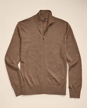 Brooks Brothers Merino Wool Full Zip Sweater - Khaki