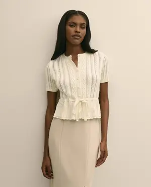 Brooks Brothers Short-sleeve Pointelle Peplum Cardigan Sweater - Marshmallow