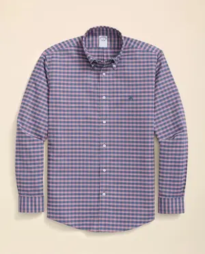 Brooks Brothers Stretch Cotton Non-iron Oxford Polo Button Down Collar, Ground Check Shirt - Navy