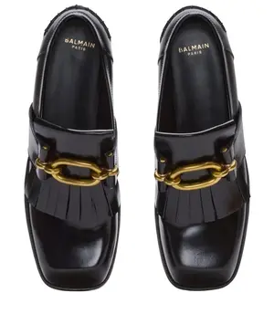 Balmain Sync Glazed Leather Loafers With Gold Tone Detailing - Black