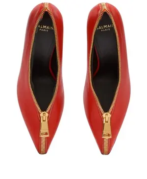 Balmain Zip Wedge Pumps In Lambskin Leather - Red