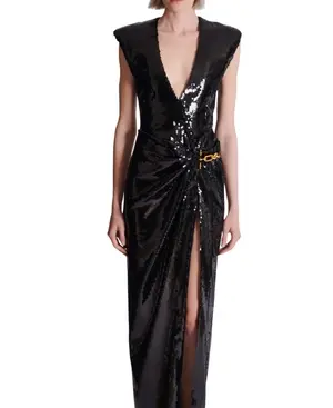 Balmain Long Draped Sequin Dress