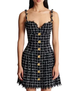 Balmain Tweed Dress With Chain Straps - Black
