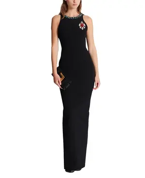 Balmain Long Sleeveless Embroidered Velvet Dress - Black
