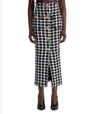 Balmain Gingham Tweed Midi Skirt - Black