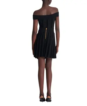 Balmain Pleated Glitter Knit Off-the-shoulder Mini Dress
