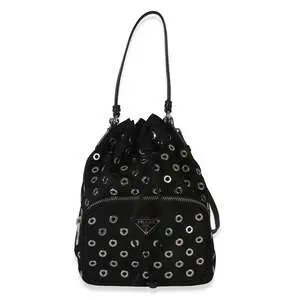 Prada Tessuto Nylon Saffiano Grommet Bucket Bag - Black