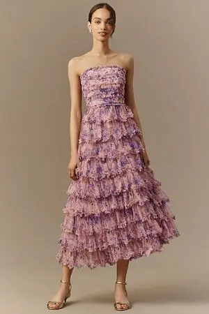 Mac Duggal Strapless Mesh Midi Dress - Pink Pattern