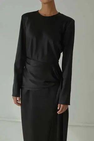 HEIRLOME Ruth Top Double Face Silk Satin Crew Neck Long Sleeve Top - Black