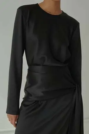 HEIRLOME Ruth Top Double Face Silk Satin Crew Neck Long Sleeve Top