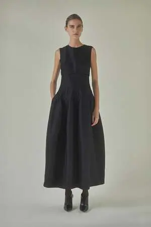 HEIRLOME Estefania Corseted Silk Shantung A-line Midi Dress - Black