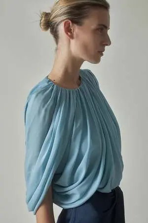 HEIRLOME Asymmetrical Draped Silk Top - Sky