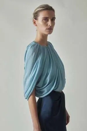 HEIRLOME Asymmetrical Draped Silk Top - Sky
