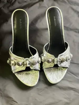 Balenciaga Silver Metallic Studded Sandals - Gray