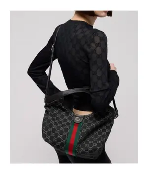 Gucci Gg Denim Tote Bag With Web Detail - Black