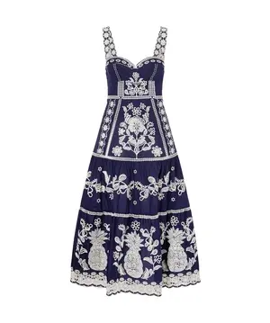 Farm Rio Richelieu Embroidered Sleeveless Midi Dress