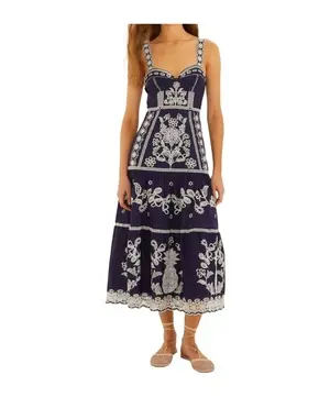 Farm Rio Richelieu Embroidered Sleeveless Midi Dress