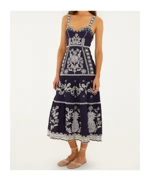 Farm Rio Richelieu Embroidered Sleeveless Midi Dress