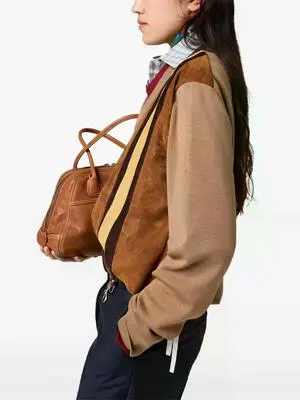 Miu Miu Wool And Suede Striped V-neck Sweater - Brown