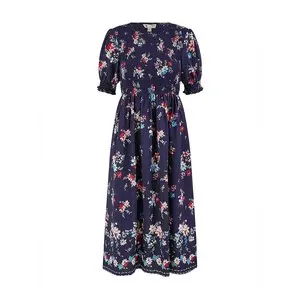 YUMI Navy Recycled Floral Ruched Midi Dress With Puff Sleeves - Blue