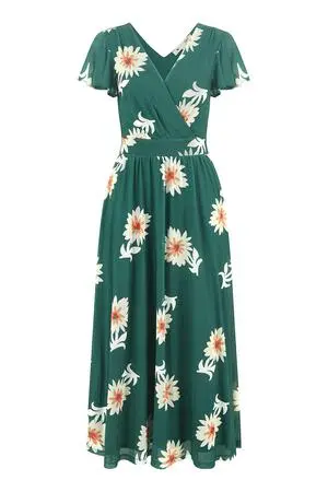 YUMI Mesh Flower Wrap Midi Dress With Pockets - Green