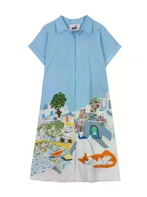 MII Elios Embroidered Graphic-print Shirt Mini Dress - Blue