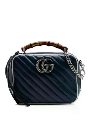 Gucci Small Gg Marmont Matelassé Diagonal Leather Torchons Bamboo Satchel - Blue