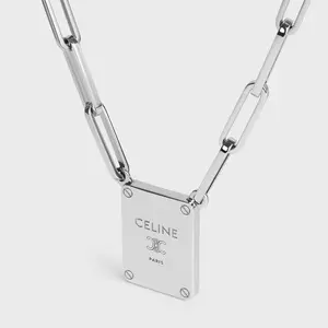 Celine Triomphe Tag Necklace In Brass With Rhodium Finish