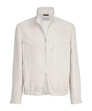 Brunello Cucinelli Linen Chalk Stripe Chevron Outerwear Jacket - Shell