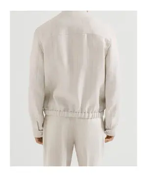 Brunello Cucinelli Linen Chalk Stripe Chevron Outerwear Jacket