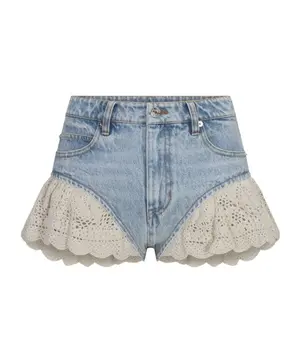 FRAME Crochet Ruffle Denim Shorts