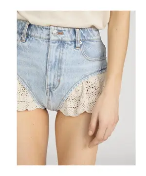 FRAME Crochet Ruffle Denim Shorts