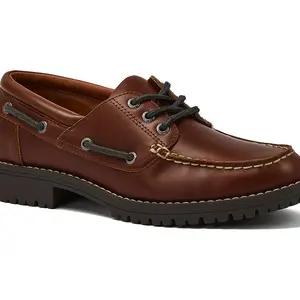 LANDS' END Lands' End Seaport Leather Lace-Up Boat Shoes With Lug Sole Rustic Brown