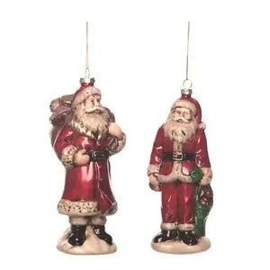 TRANSPAC Glass Vintage Santa Ornament Set Of Two Christmas Decor - Multicolored