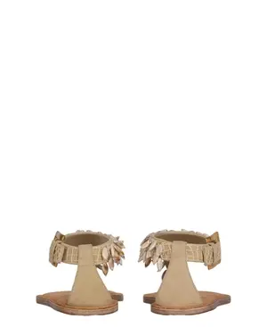 Balmain Flat Sandals In Suede, Cotton And Beads