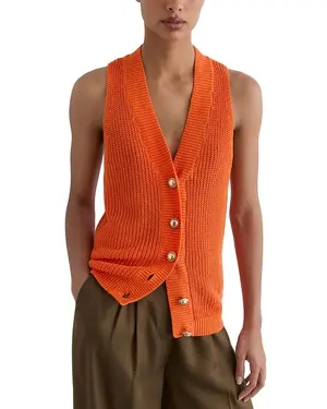 REISS Robin Linen V Neck Sweater Vest - Orange