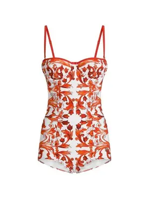 Dolce & Gabbana Maiolica Print One Piece Swimsuit - Orange