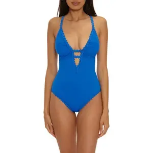 BECCA By Rebecca Virtue Bella Plunge One-piece Swimsuit With Scalloped Trim - True Blue
