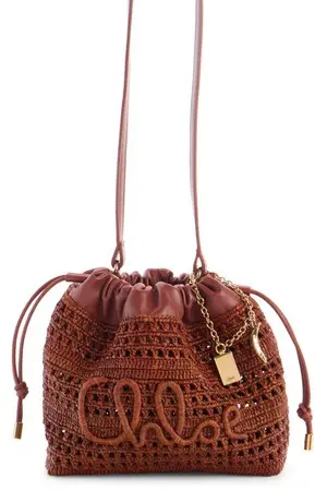 Chloé Mini Woven Raffia Drawstring Shoulder Bag - Ginger/red