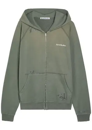 Acne Studios Distressed Logo Zip-through Hooded Sweatshirt - Grey