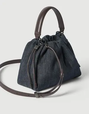 Brunello Cucinelli Mellow Small Bucket Bag In Cotton Denim-effect Twill With Monili - Blue