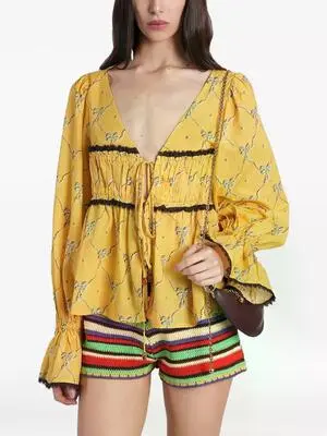 SIEDRES Bow-print Ruffled V-neck Top