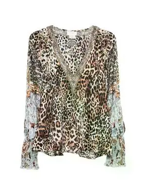 Camilla Leopard Print Crystal Embellished Blouse - Neutrals