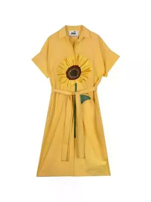 MII Gordes Sunflower-embroidered Belted Midi Dress - Yellow