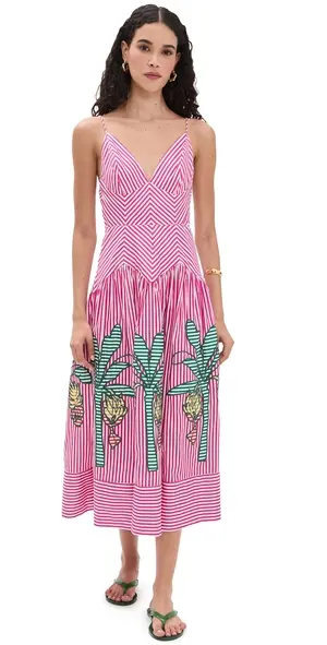 Farm Rio Palm Tree Cutwork Stripes Midi Dress