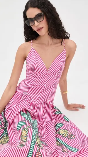 Farm Rio Palm Tree Cutwork Stripes Midi Dress