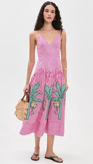 Farm Rio Palm Tree Cutwork Stripes Midi Dress